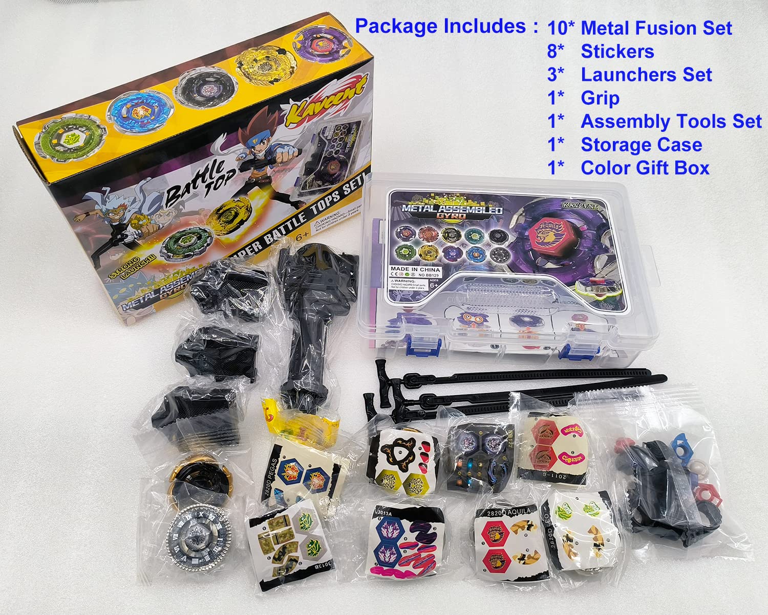 10 Pack Bey Burst Battle Metal Fusion Fury Evolution Pegasus Set with 3 Launcher Set and 1 Grip Toys for Boys Prime Masters