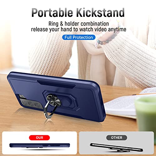 AFARER Series Designed for Samsung Galaxy S21 FE 5G Case Protection Double Layer Cover Hybird Soft + Hard Military-Grade Armor Heavy Duty Shockproof Matte Back with 360°Rotating Ring Kickstand-Blue