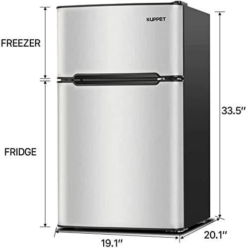 3.2 Cu.Ft Mini Refrigerator Compact Refrigerator Mini Fridge Stainless Steel with Freezer,2 door, for Dorm,Garage, Camper, Basement or Office,Silver, Silver, 19.1 x 20.1 x 33.5 inches