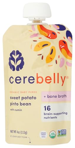 Cerebelly Baby Food Pouches ā Sweet Potato Pinto Bean + Chicken Bone Broth (4 oz, Pack of 1) - Healthy Kids Snacks - Veggie Purees - 16 Brain-supporting Nutrients from Superfoods, No Added Sugar