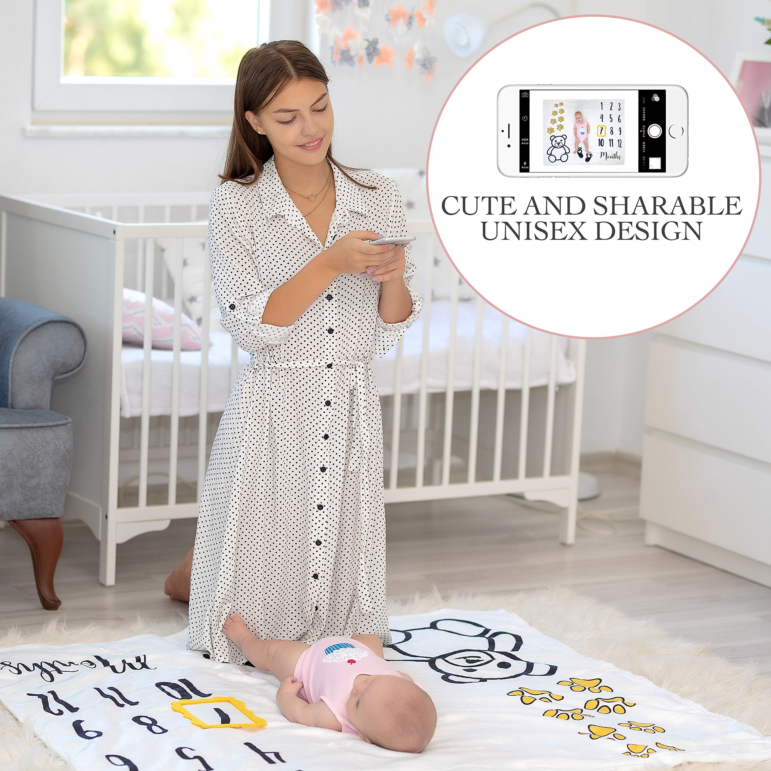 Baby Milestone Blanket for Baby Boy, Girl, Super Soft Teddy Bear & Paw Print Large Fleece, 47” x 43”, Includes Frame