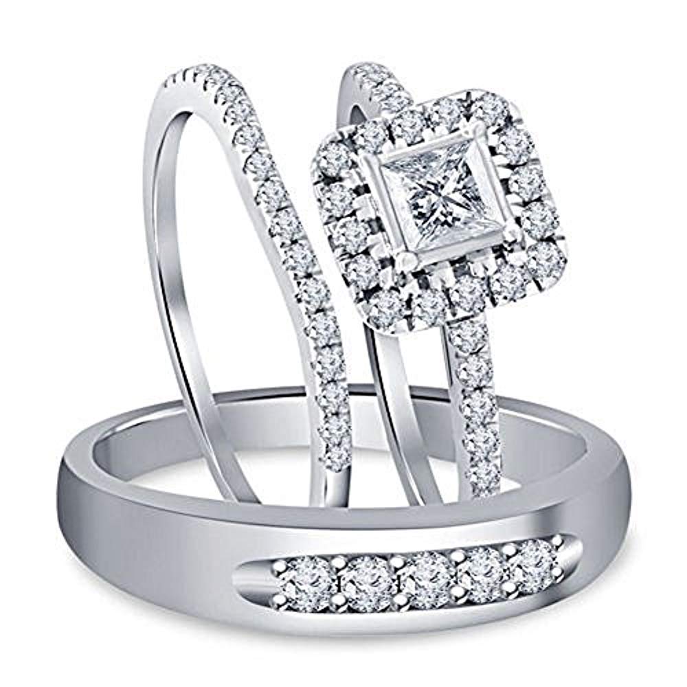 1.80 Ct Diamond 14k White Gold Over .925 Sterling Silver His & Her Engagement & Wedding Trio Ring Set