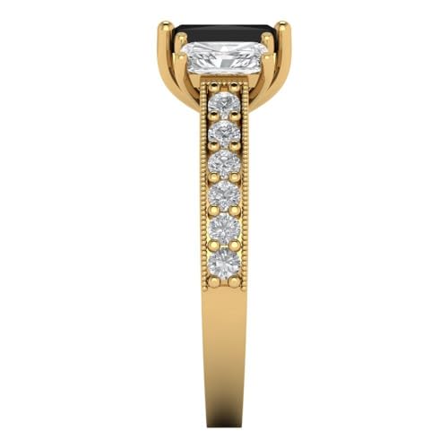 1.82 ct Emerald Cut Solitaire 3 stone Natural Black Onyx Engagement Promise Anniversary Bridal Ring 18K Yellow Gold 5.5