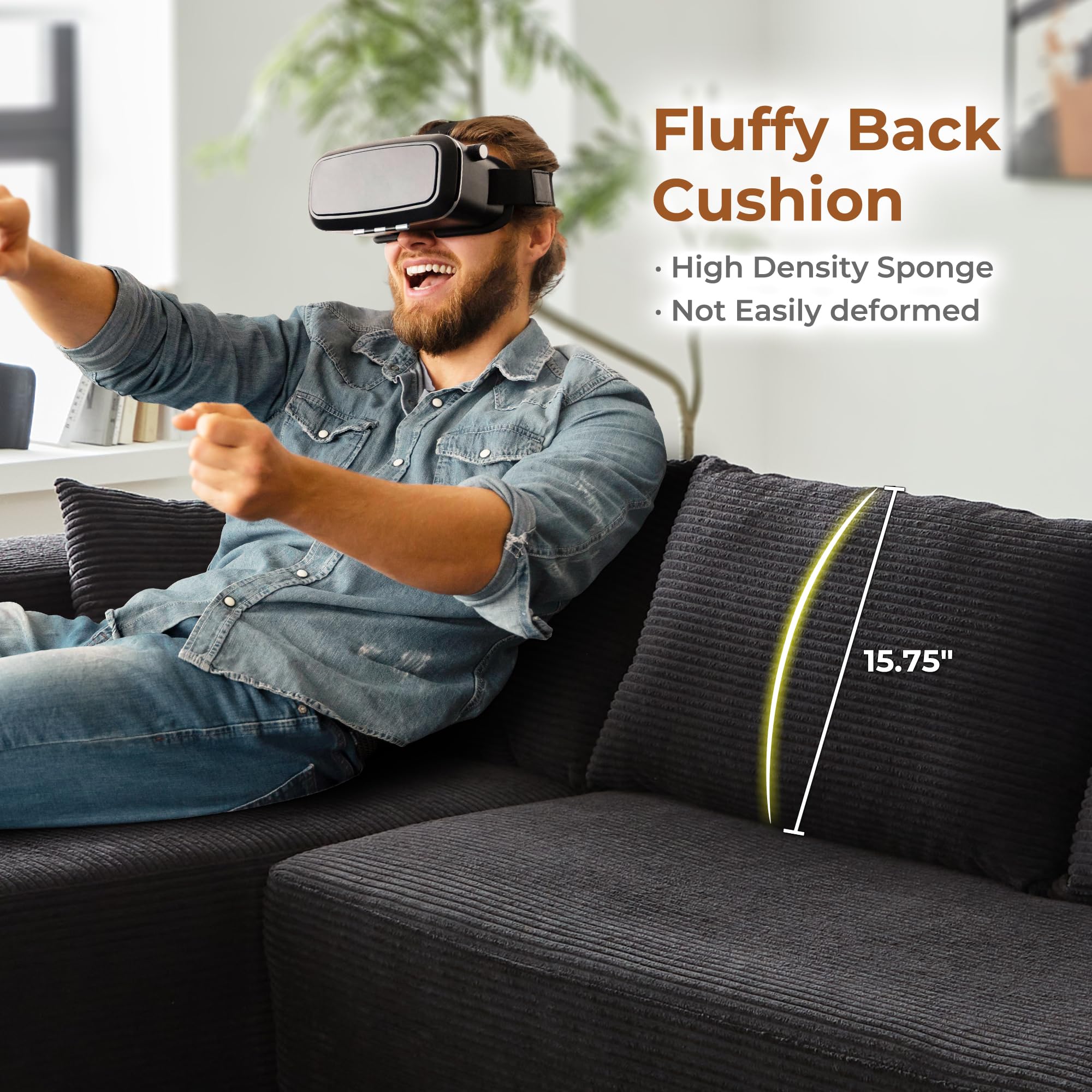 104" Cloud Sectional Couch with Comfy Chaise, No Assembly Required L Shape Sofa with Deep Seat, Minimalist Modular Couches Sleeper for Living Room (Black (Corduroy Fabric), Left Facing Chaise)