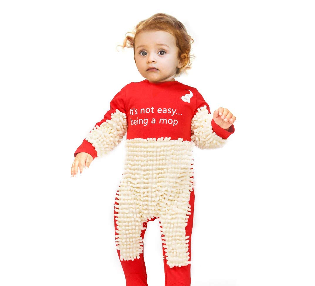 Cute Baby Mop Onesie - Funny and Functional, Perfect as a Long Sleeve Romper for Your Crawling Baby and for Use as an Everyday Baby Jumpsuit. Great as (Red, 9-12 Months)