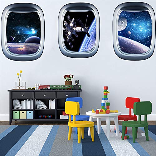 3D Space Capsule Window Wall Stickers Universe Outer Space Wall Decals,Peel and Stick Removable Astronaut Decal for Bedroom Living Room Kids Room Door Home Decor(Each pcs: 23" x 17")