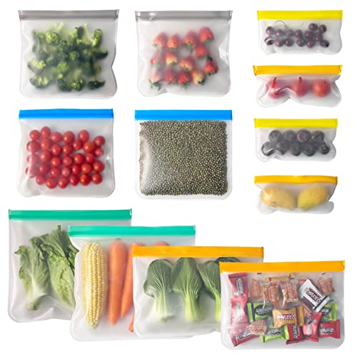 12Pcs Reusable Freezer Bags Food Storage Bags WLRGOOD Flat Silicone Bags Leakproof BPA Free Freezer Gallon/Lunch/Sandwich/Snack Food Storage Containers for Meat Fruit Veggies Travel Home Storagation