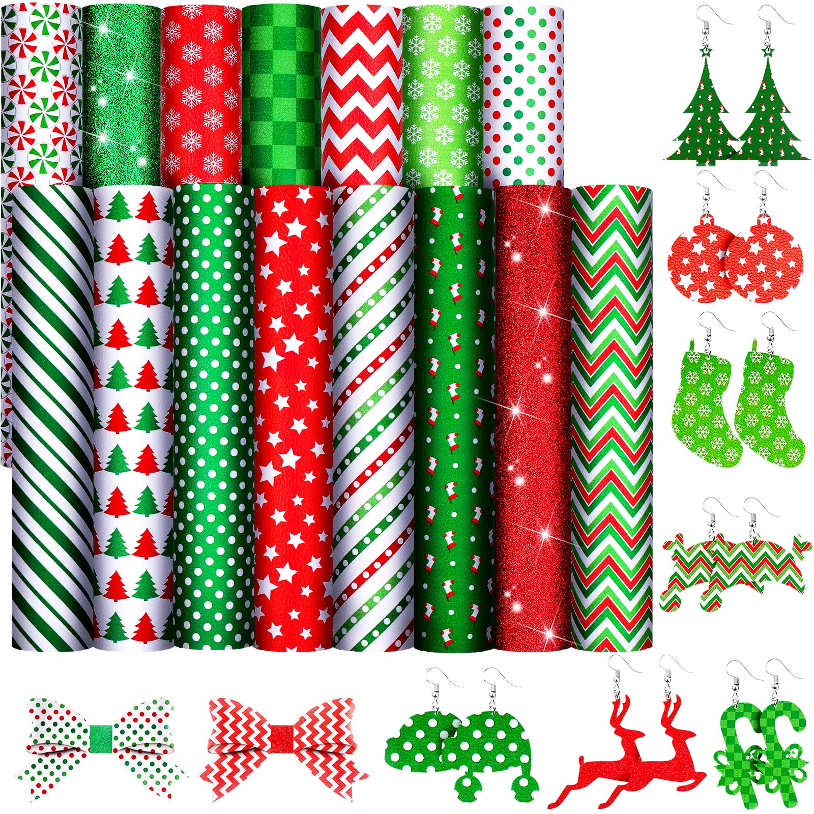 15 Pieces Christmas Leather Sheets Glitter Synthetic Leather Fabric Snowman Printed Fabric Sheets Waterproof Christmas Sheets for Holiday Christmas Bows Earrings Making Supplies (Bright Style)