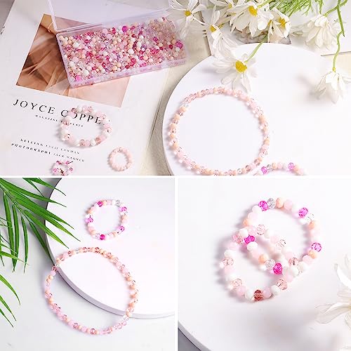 1000pcs Crystal Glass Beads Kit, 4/6/8mm Pink Loose Assorted Crystal Beads Sparkle Round Glass Beads with Holes for Jewelry Necklace Bracelet Making