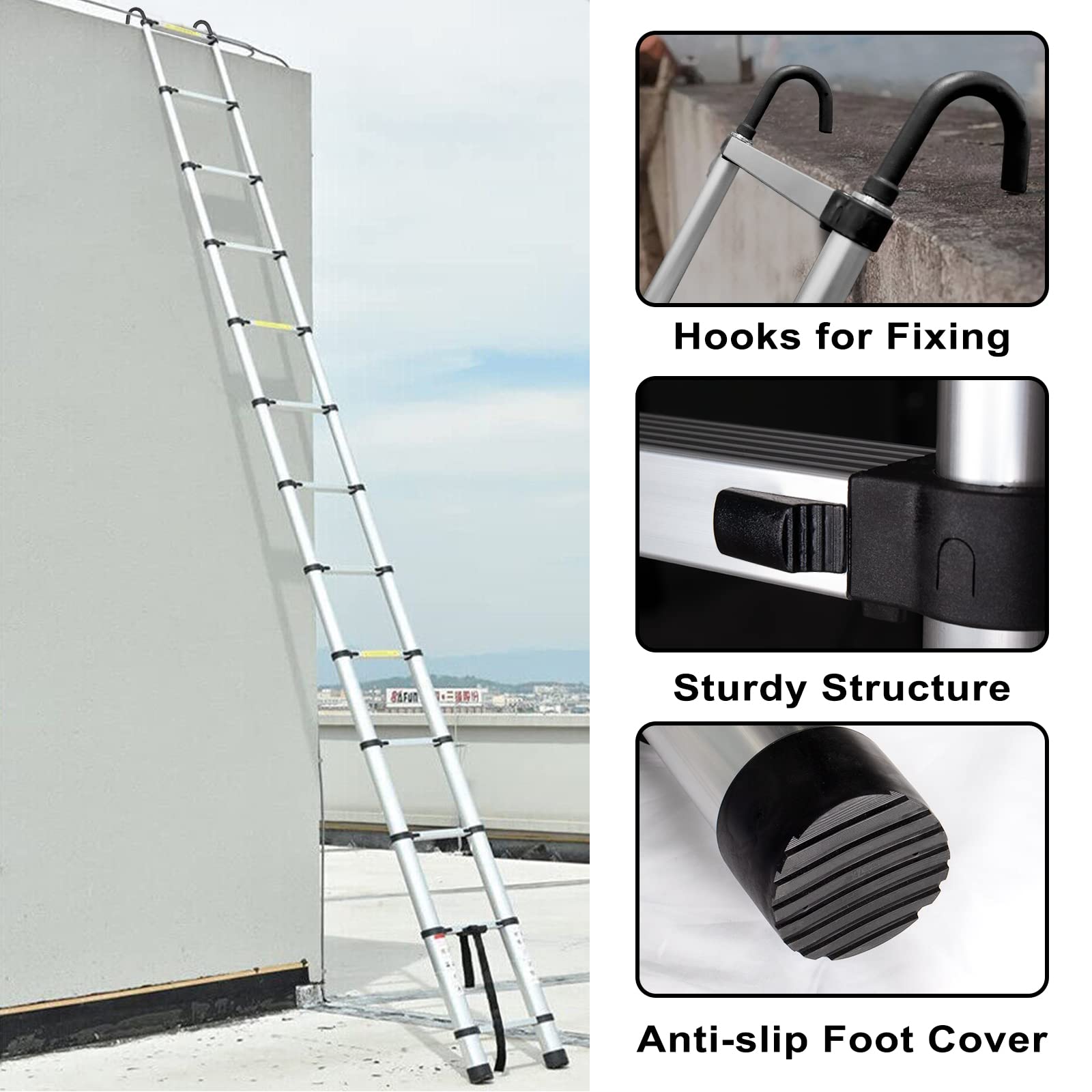 10.5FT Telescopic Ladder w/Non-Slip Feet Detachable Hooks,Aluminum Collapsible Portable Telescoping Ladder for Loft Roof Attic Ceiling,330 Lb Capacity Silver