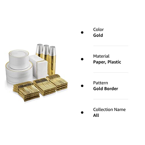 700 Piece Gold Dinnerware Set - 200 Gold Rim Plastic Plates - 300 Gold Plastic Silverware - 100 Gold Plastic Cups - 100 Linen Like Gold Paper Napkins, 100 Guest Disposable Gold Dinnerware Set