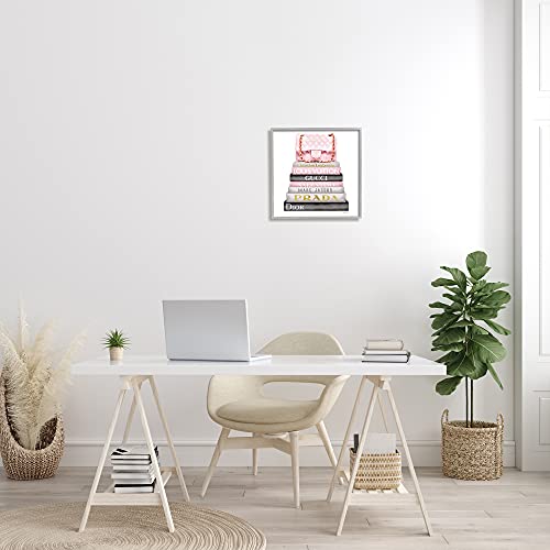 Stupell Industries Watercolor High Fashion Bookstack Padded Pink Bag, Design by Amanda Greenwood Wall Art, 17 x 17, Gray Framed