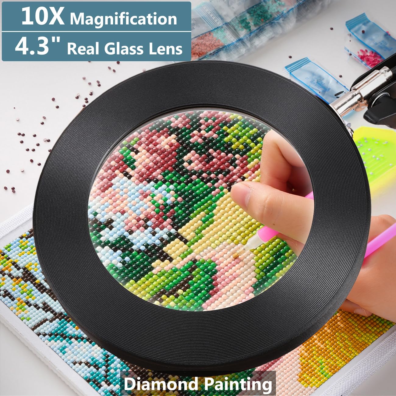 10X Magnifying Glass with Light and Clamp, Veemagni 3 Color Modes Stepless Dimmable Real Glass LED Lighted Magnifier, Adjustable Swing Arm Desk Lamp Hands Free for Close Works Crafts Repairing Sewing