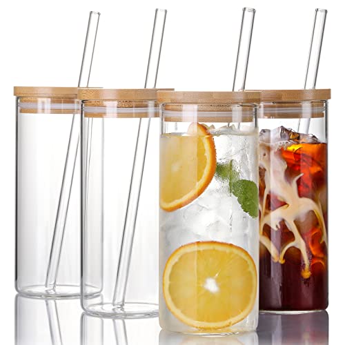 4 Set 20 OZ Drinking Glasses with Bamboo Lids and Straws, Borosilicate Glass Tumbler Cups - Tall Clear Iced Coffee Cups for Smoothie, Water, Juice, Coffee Bar Accessories - Cute Gifts, Reusable