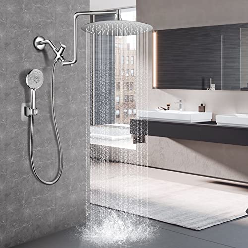 12" Rainfall Shower Head with Handheld Combo, High Pressure Shower Heads with Upgraded 12" Adjustable Curved Shower Extension Arm, 6 Settings Handheld Shower Head Built-in Power Wash Anti-leak(Chrome)