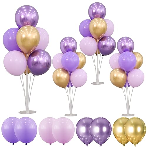 4 Sets Balloon Stands Kit For Table Purple Gold Balloons Holder Sticks With Base Centerpiece Birthday Party Baby Shower Wedding Decoration