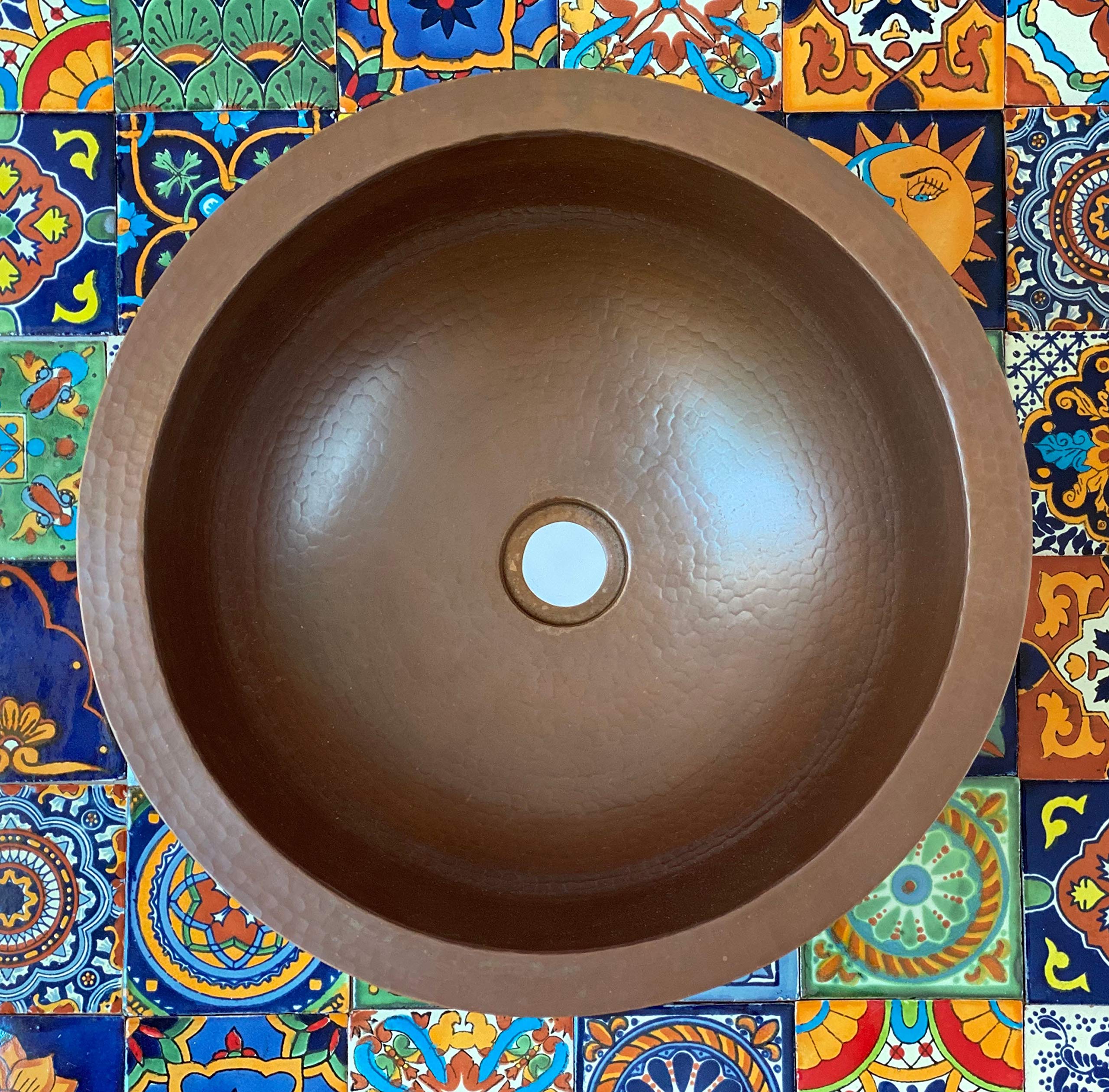 15" Round Copper Bathroom Sink Mexican Copper Bath Sink Pure Copper Hand Hammered Dual Mount Brown CPS06