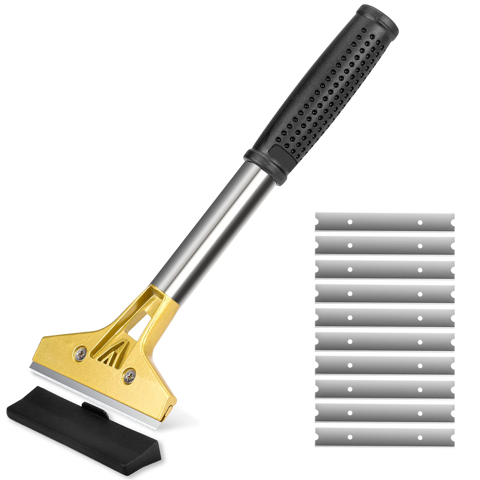 4 inch Razor Blade Scraper, Long Handle Large Cleaning Scraper Tool with 10PCS Extra Metal Blades for Removing Paint, Stickers, Adhesive, Caulk, Cement, Decals, Labels, from Floor, Glass, Window