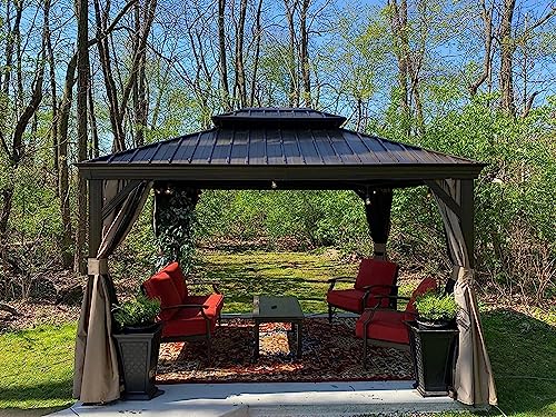 10' x 12' Hardtop Gazebo Outdoor Aluminum Gazebos Grill with Galvanized Steel Double Canopy for Patios Deck Backyard,Curtains&Netting by domi outdoor living Brown