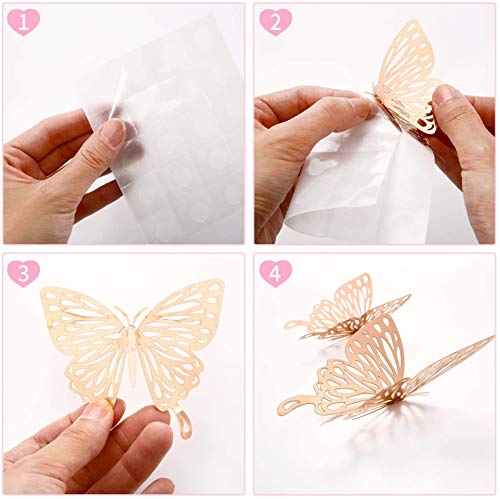 3D Butterfly Wall Stickers, 48PCS Gold Butterfly Wall Decals Decorations Stickers with 4 Patterns Butterflies Gold Party Decoration for Home Nursery Classroom Kids Bedroom Decor
