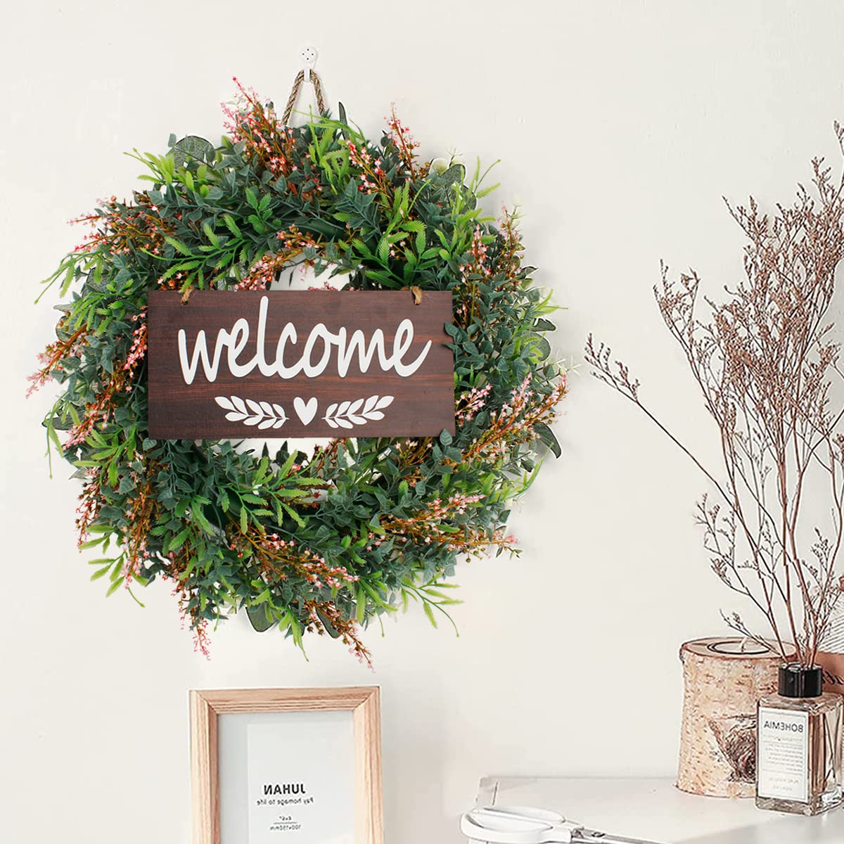 18in Artificial Green Wreath for Front Door with Welcome Sign Red Flower Fall Christmas Wreath Gypsophila Green Leaves Wreath for Window Home Porch Farmhouse Patio Garden Party Decor