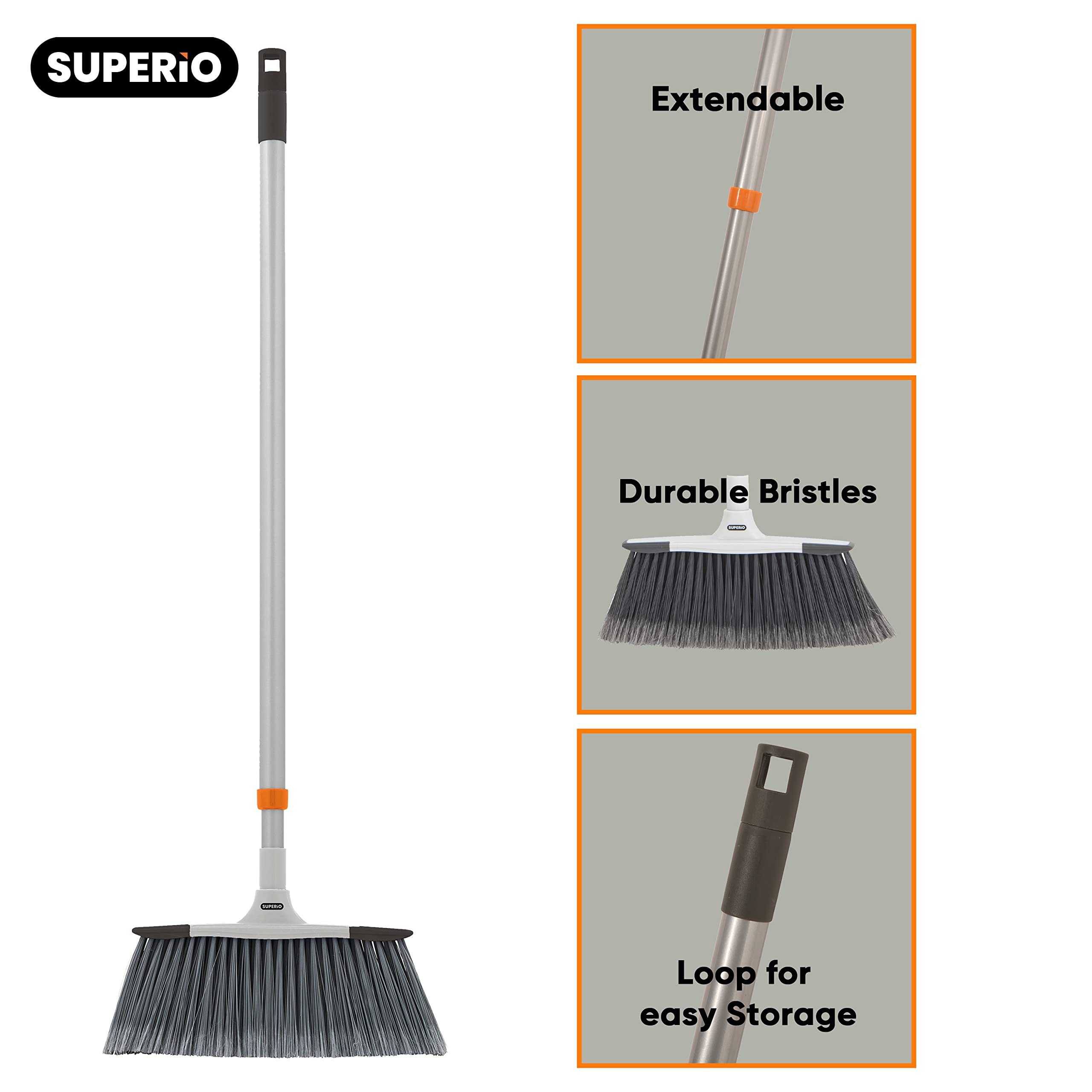 Slim Angle Broom, Heavy Duty Broom, Indoor Brom, Outdoor Angle Broom with Extendable Handle, Durable Collapsible Broom for Home, Kitchen, RV, Travel, Grey, 2 Pack, by Superio