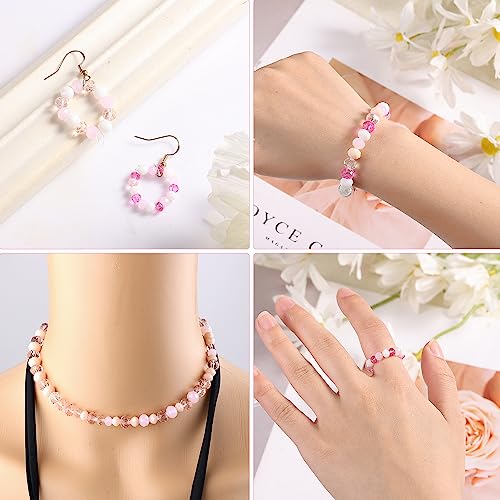 1000pcs Crystal Glass Beads Kit, 4/6/8mm Pink Loose Assorted Crystal Beads Sparkle Round Glass Beads with Holes for Jewelry Necklace Bracelet Making