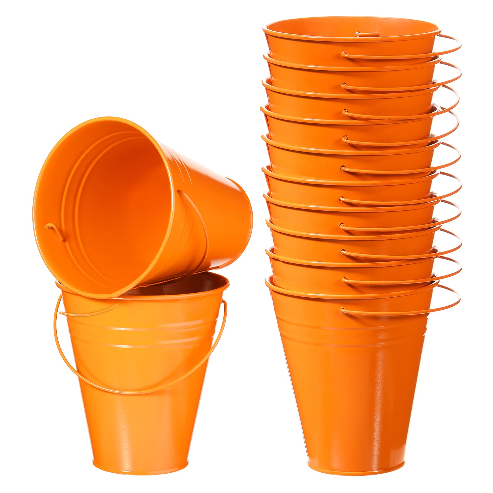 12 Pack Halloween Galvanized Buckets, Metal Bucket with Handle, 5 Inch, Tin, Mini Round Flower Pot Plant Basket, Party Supplies for Christmas Halloween Candy Bars Vase Crafts Favors(Orange)