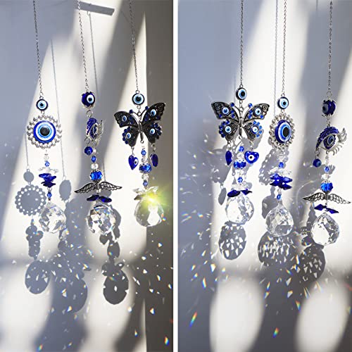 3pcs Evil Eye Suncatchers with Crystal Prism Balls for Window Hanging Sun Catcher Decor Blue Eyes Suncatcher Rainbow Maker Pendant Ornament for Home Garden Charm Craft Gift