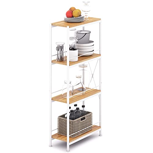 4 Tier Storage Shelves Plus Narrow Shelf Unit Metal Shelves Shelf Free Standing Shelf Organisers Modern Shelf Ladder Shelf Bookshelf for Bathroom Kitchen Bedroom Hallway Steel & Wooden White & Beige