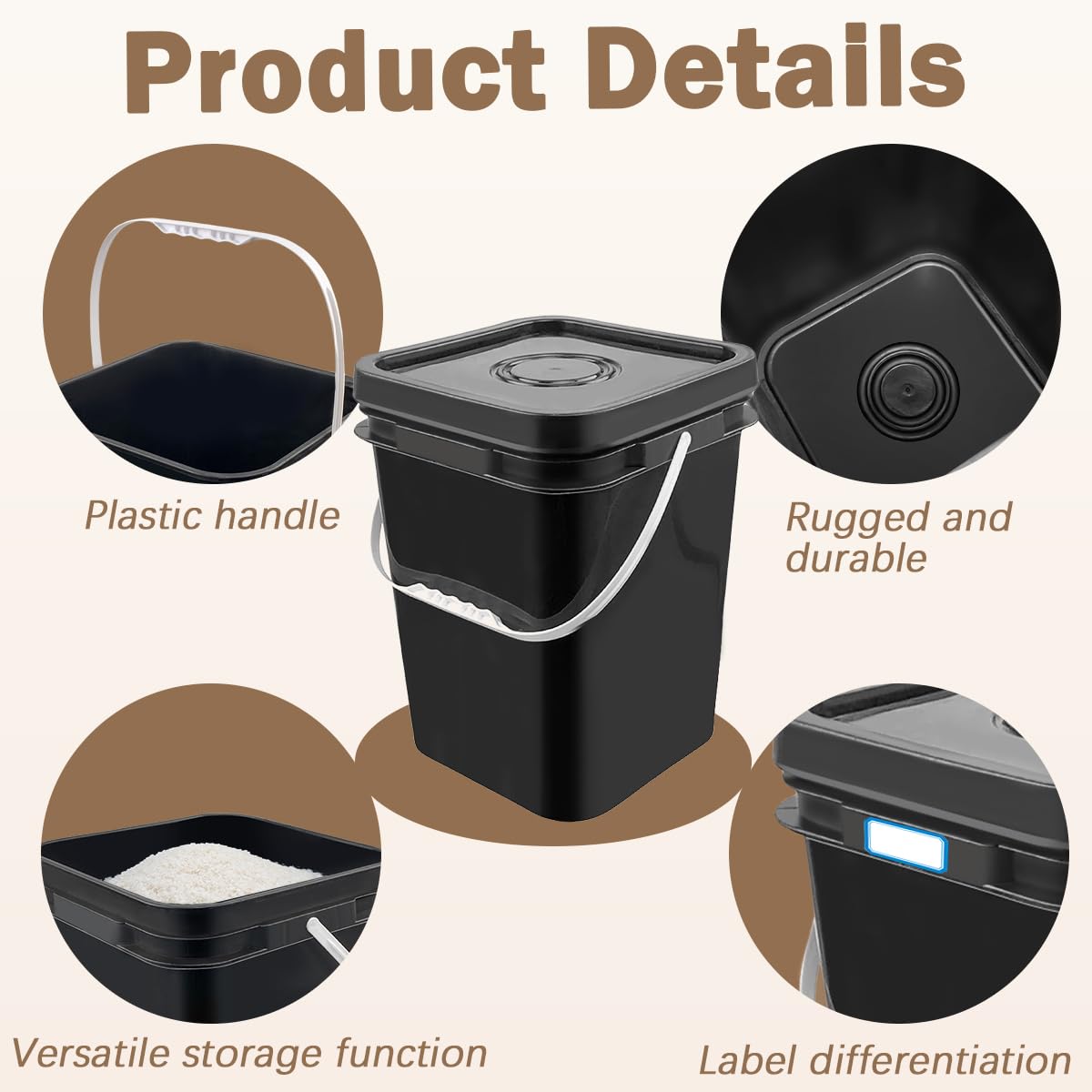 12 Pcs 5 Gallon Square Bucket with Lid and Plastic Handle Storage Food Container Industrial Bucket(with DIY Label Stickers Towel and Brush) for Multi-Purpose Art Paint Storage Bucket Crafts