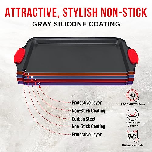 2 Piece Set Nonstick Carbon Steel Oven Bakeware -Professional Quality Kitchen Cooking Baking Trays -PFOA, PFOS, PTFE-Free Small & MediumBaking Sheet Pans with Red Silicone Handles
