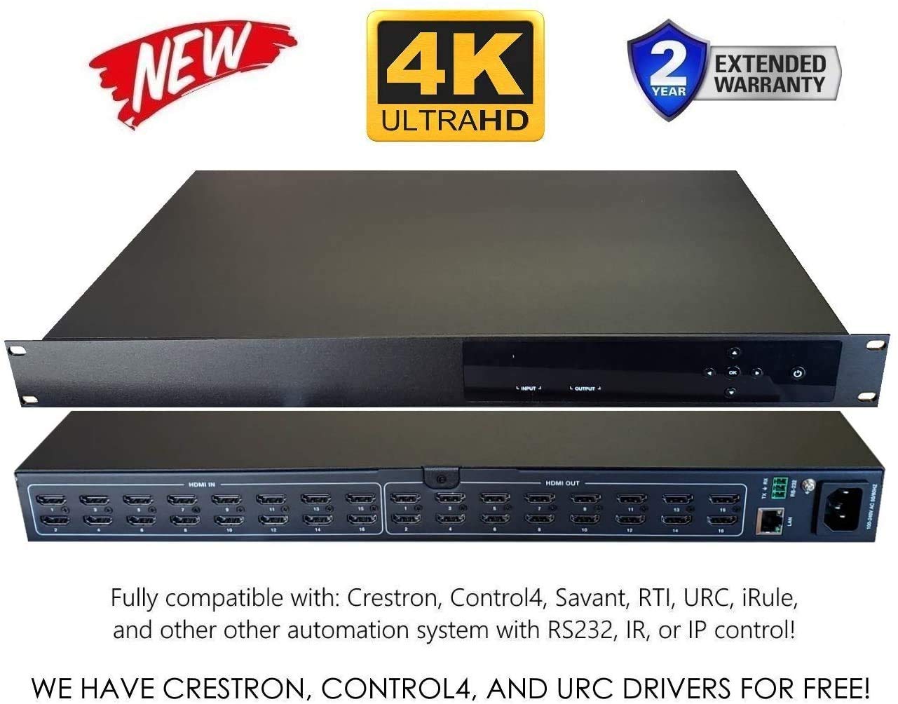 16x16 HDMI Matrix Switcher 18gbps 4K HDR Dolby Vision HDCP2.2 HDTV Routing Inputs Outputs SELECTOR SPDIF Audio CONTROL4 Savant Home Automation