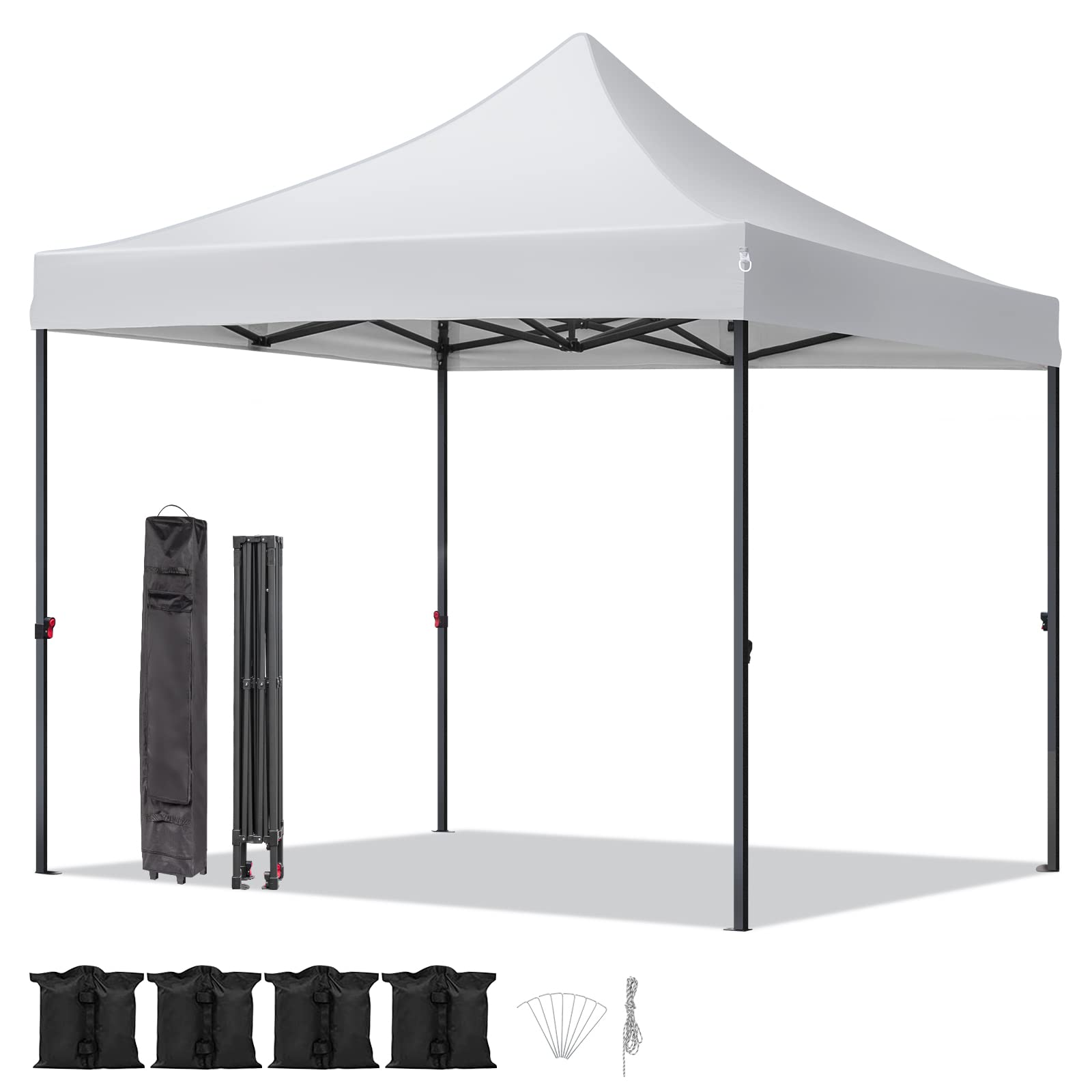10x10 FT Pop Up Canopy Tent, Commercial Instant Heavy Duty Canopy, 500D Waterproof Adjustable Canopy with Wheeled Carry Bag, 4 Sandbags & 4 Stakes (White)