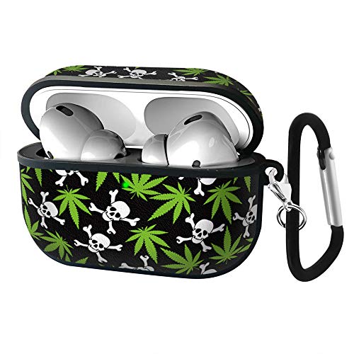 Slim Form Fitted Printing Pattern Cover Case with Carabiner Compatible with AirPods Pro 2019 / Mariguana Leaf Weed and Skull Pattern
