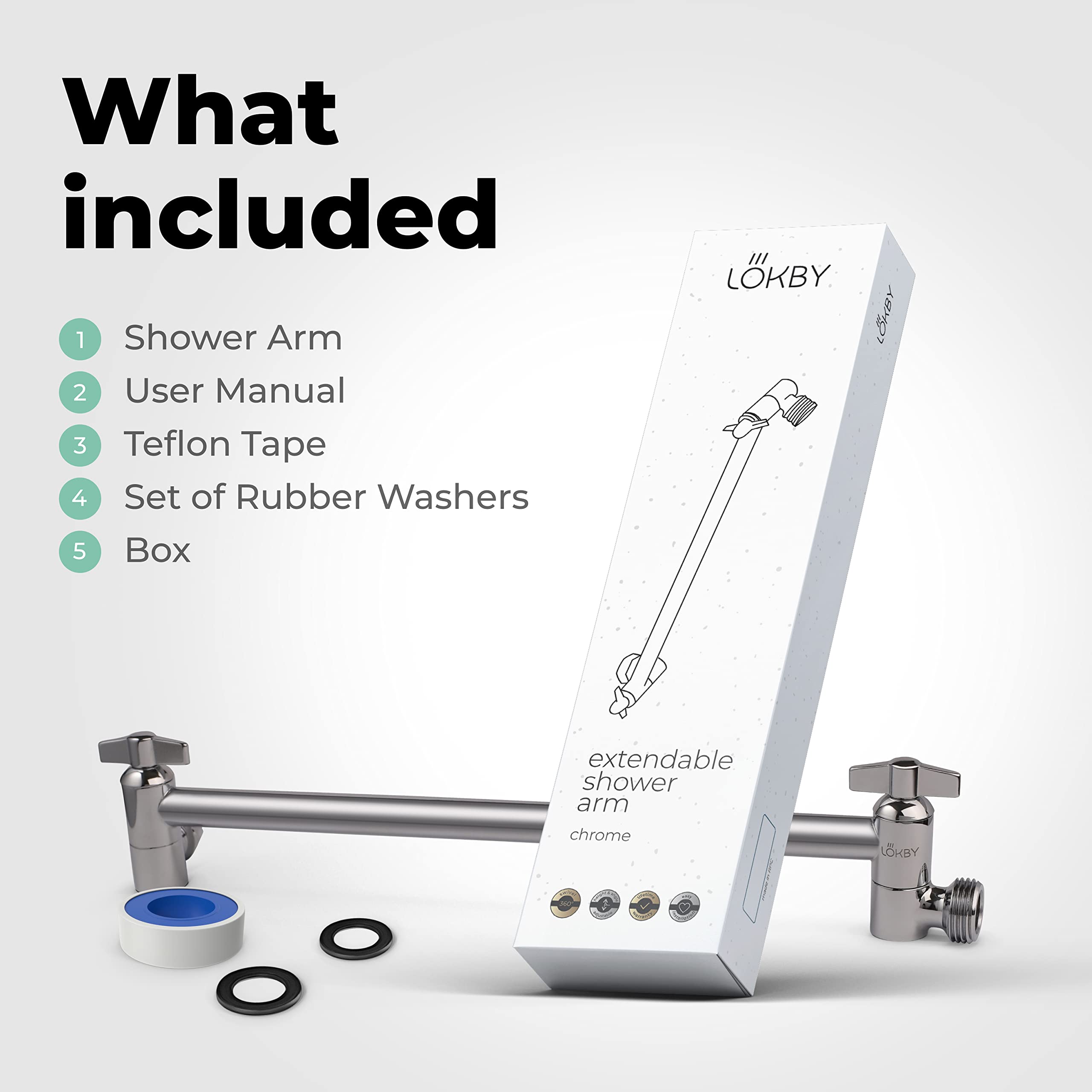 11'' Shower Head Extension Arm by LOKBY - Anti-Leakage Shower Extension Arm - Adjustable Shower Arm Fits Any Rain or Handheld Shower Heads - Shower Head Extension Pipe - Rust Proof Materials - Nickel