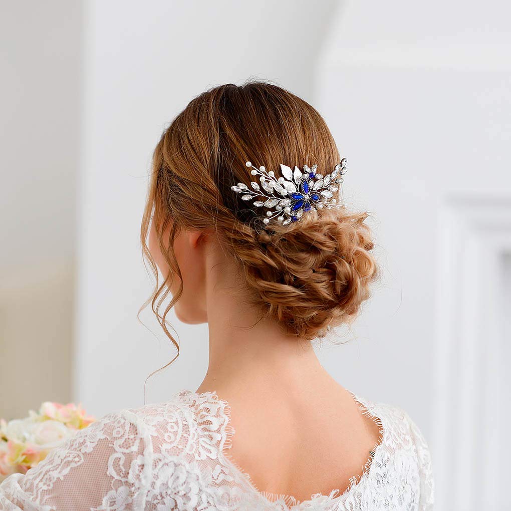 Olbye Wedding Hair Comb Blue Rhinestone Bridal Hair Accessories for Bride and Bridesmaids Wedding Hair Piece Silver