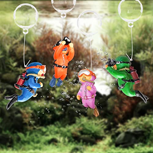 4 Pack Floating Fish Tank Decorations,Cute Little Diver Aquarium Decoration Cartoon Fish Playmate with Floating Device Fish Tank Accessories