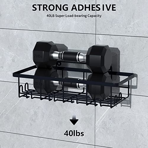4-Pack Adhesive Shower Caddy, Bathroom Organizer with Soap Holder, Rustproof Stainless Steel Shower Organizer, Wall Mounted No Drilling Shower Rack with Hooks for Bathroom, Kitchen, Washroom- Black