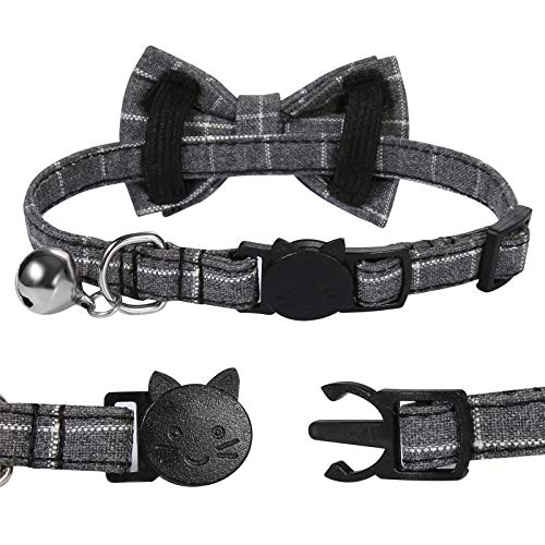 SLSON 2 Pack Breakaway Cat Collar with Bell and Bow Tie Plaid Kitten Collar for Cats and Small Dogs Pets Adjustable from 8-11In, Black and Grey