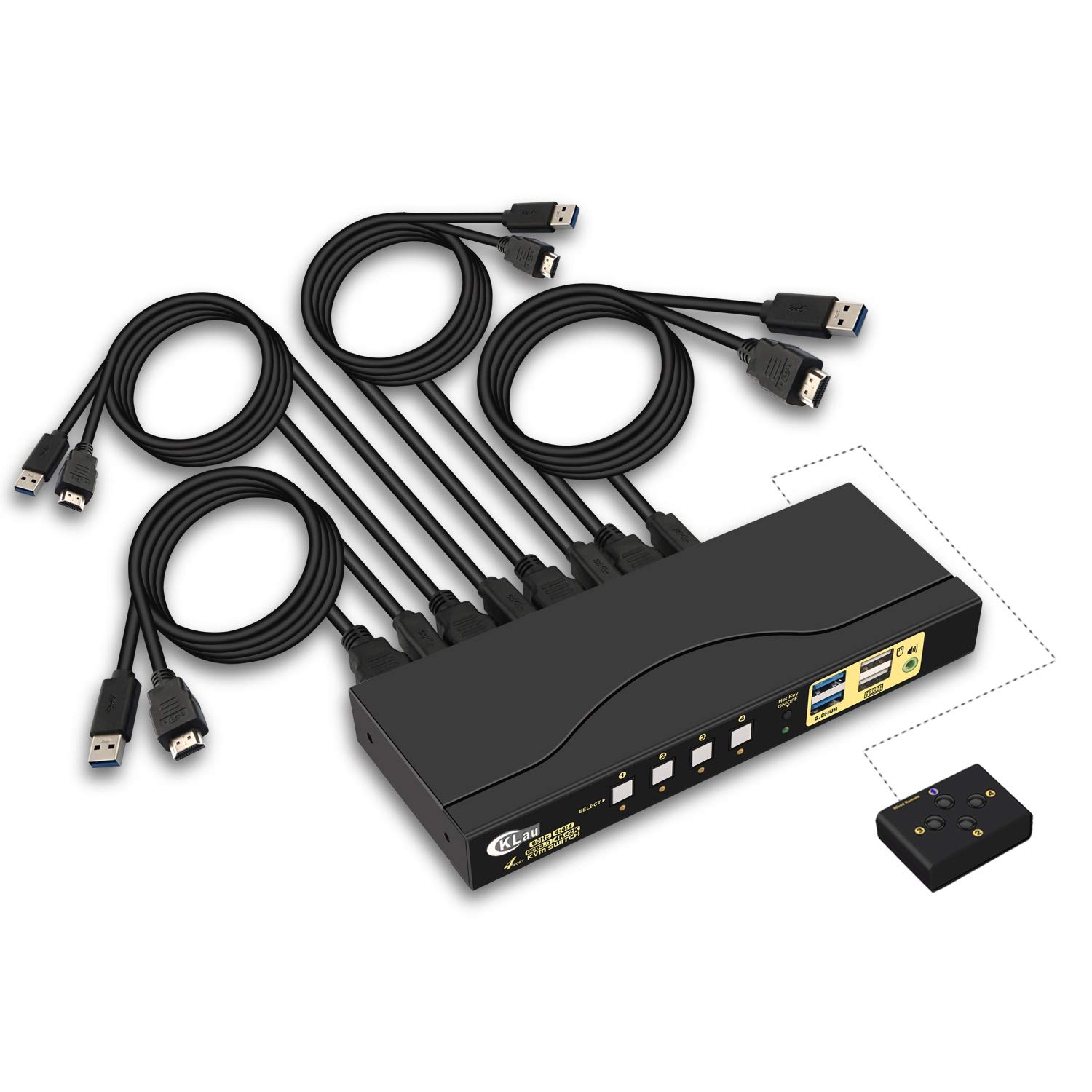 CKLau 4 Port KVM HDMI Switch with Digital Audio Output, All Input Cables and 2 USB 3.0 Hub, 4x1 HDMI KVM Switch USB 3.0 Supports Hotkey Switching, 4K@60Hz, 2K@144Hz, EDID