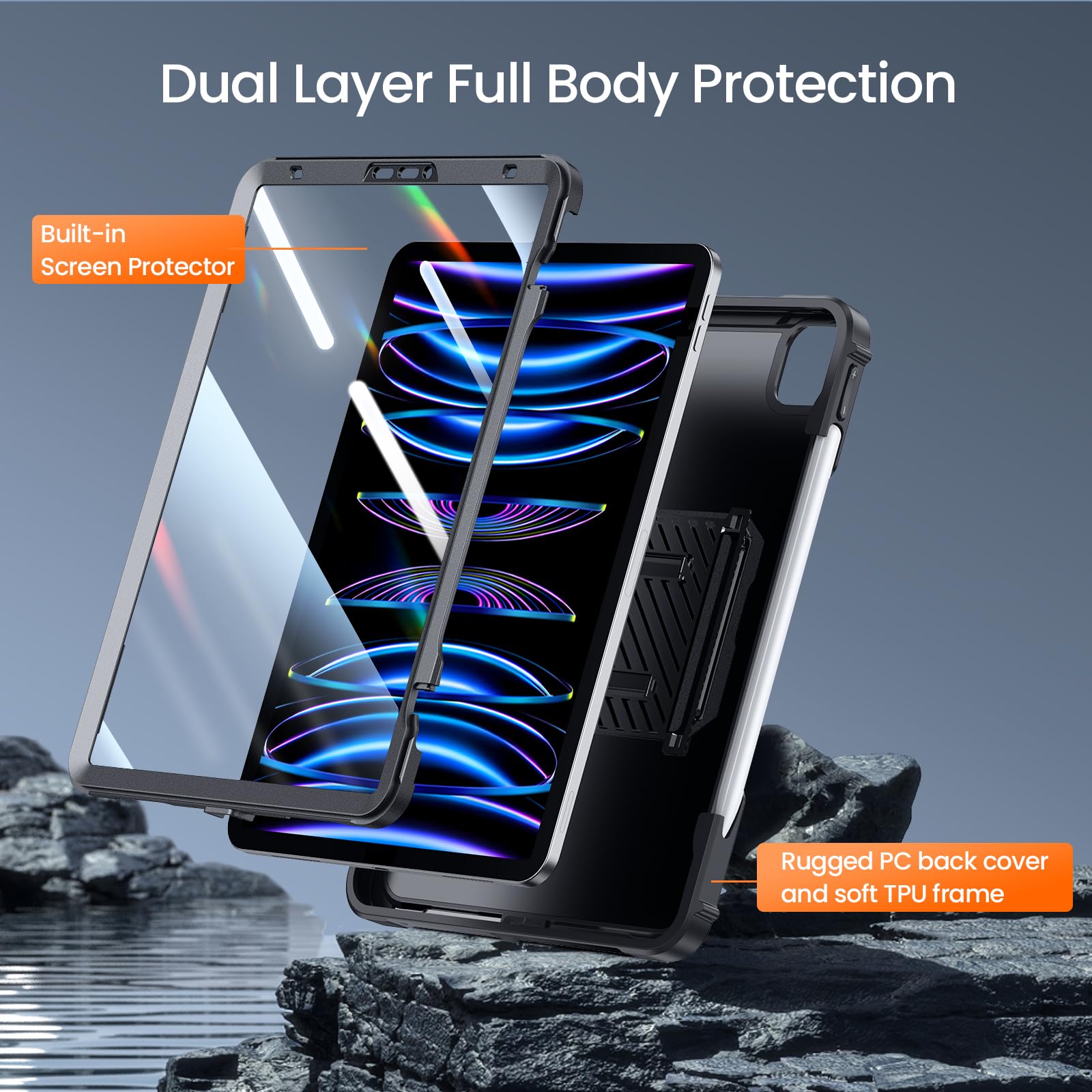 ZtotopCases for iPad Pro 11 Case 4th/3rd/2nd Generation 2022/2021/2020 with Pencil Holder, Full Body Protective Rugged Cover with Built-in Screen for iPad Pro 11 Inch iPad Case 4th/3rd/2nd Gen, Black