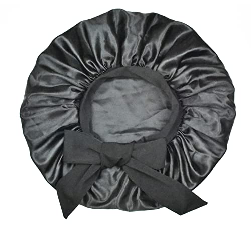 Extra Large Sleep Cap Satin Bonnet for Sleeping Long Hair Bonnet for Women Large Night Cap for Curly Hair XL Silk Bonnets (Black + Rose)