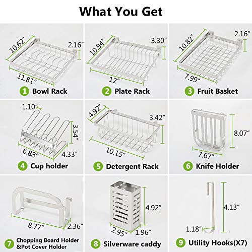 1Easylife Over The Sink Dish Drying Rack Adjustable 2-Tier Large Dish Dryer Rack for Kitchen Organizer Storage Space Saver Shelf Utensils Holder with 7 Utility Hook Tableware Drainer (Silver)
