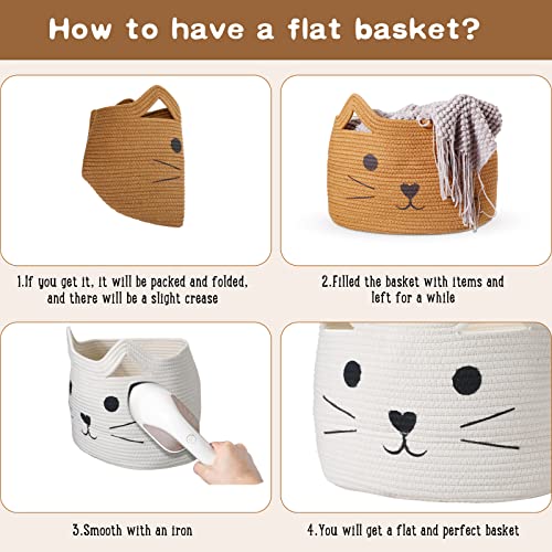 2 Pieces Large Cat Toy Basket Woven Cotton Rope Storage Basket Large Cute Cat Laundry Basket Organizer Animal Design Toy Storage Organizer Baby Hamper Cat Nursery Bins Boxes, White, Brown