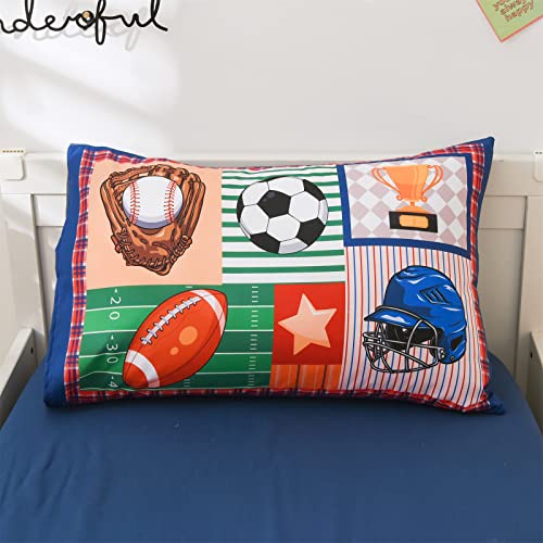 A Nice Night Sports Patchwork for Boys Basketball Baseball Rugby Soccer Printed Toddler Bedding Set,Includes Comforter, Flat Sheet, Fitted Sheet and Pillowcase, Navy