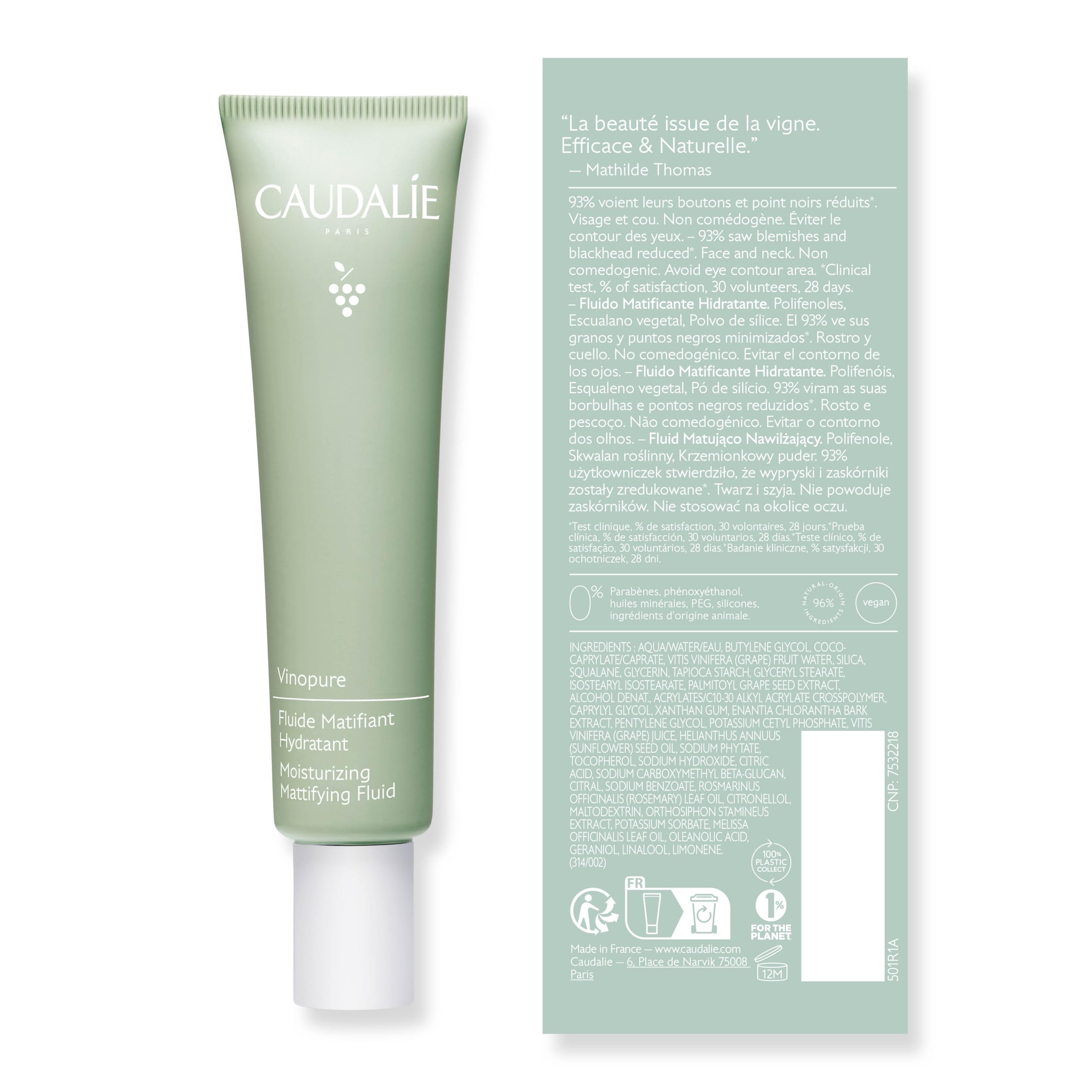 Caudalie Vinopure Oil Control Moisturizer for Acne Prone Skin, Hydrating & Mattifying Moisturizer, 1.35 Fl Oz