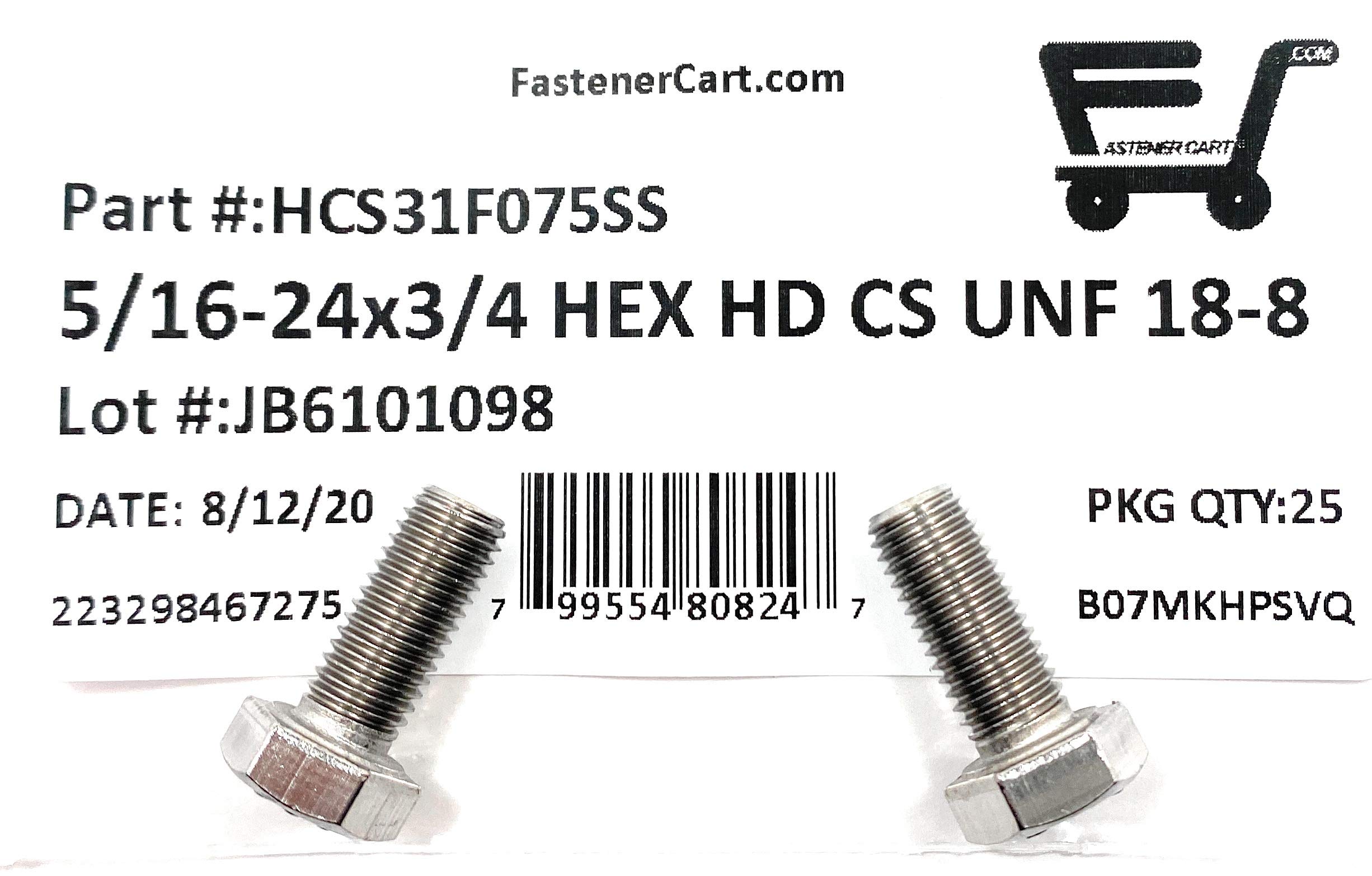 5/16-24x3/4 Stainless Steel Hex Cap Screws FT Hex Bolts 18-8 (UNF) FINE Thread (25 Pieces)