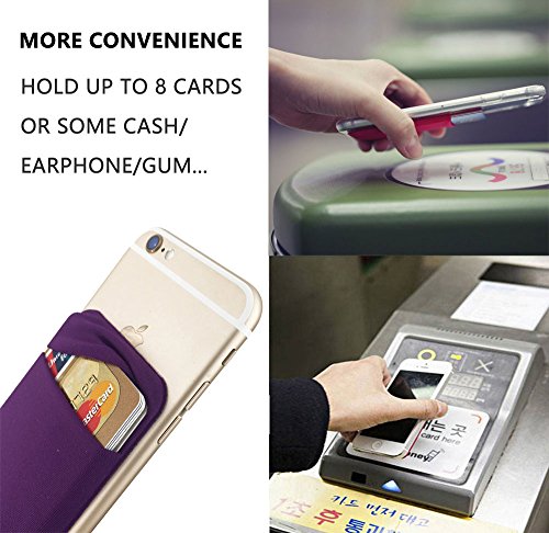 3Pack Cell Phone Card Holder Double Pocket for Back of Phone for ID/Credit Cards,Stick On Card Wallet Sticker Stretchy Lycra Fabric for iPhone,Android and Smartphones-Purple&Silver&Blackā¦