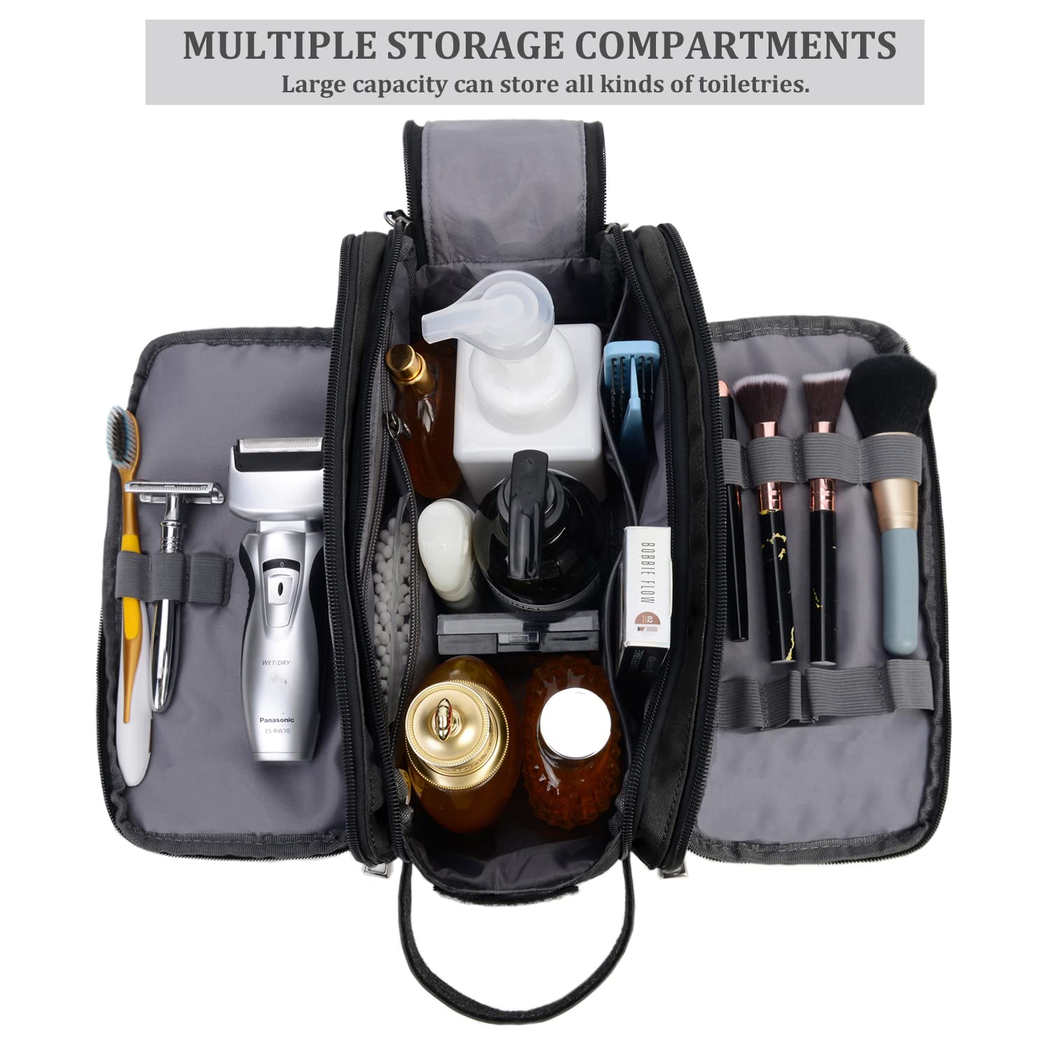 CROCOD Mens Toiletry Bag Travel Leather Toiletry Organizer Dopp Kit for Men Water-resistant Shaving Bag for Bathroom (Black)